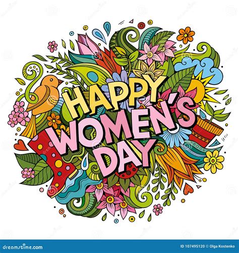 Cartoon Cute Doodles Hand Drawn Happy Womens Day Inscription Stock