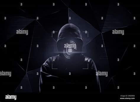 Internet Crime Concept Hacker Working Face Unlock On A Code On Dark