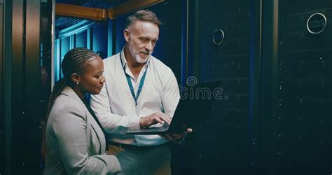 Engineering Team Laptop And Server Room For Cloud Computing