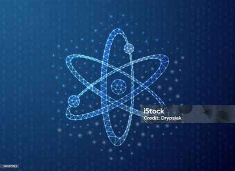 이진 코드 배경이 있는 원자 다각형 기호입니다 원자 중성자 개념 디자인 그림 연결된 점이 있는 파란색 분자 낮은 폴리 기호
