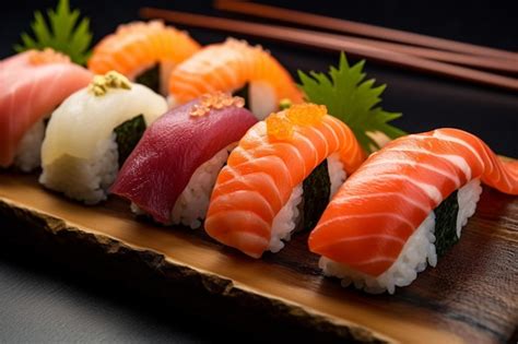 Premium Photo Closeup Of Assorted Nigiri Sushi On A Dark Background