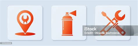 페인트 스프레이 캔 자동차 서비스 및 드라이버 및 렌치 도구를 설정합니다 흰색 정사각형 버튼 벡터 공구상자에 대한 스톡 벡터