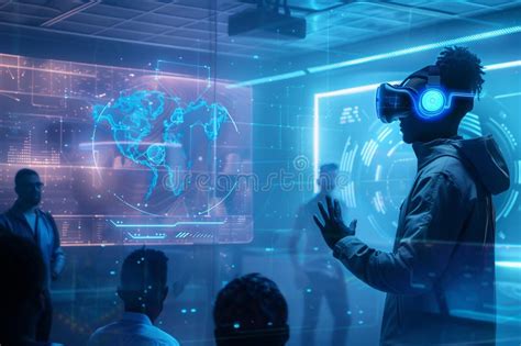Programmer With Virtual Reality Headset Presenting Futuristic Data Holographic Display World Map