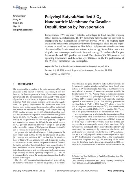 Pdf Polyvinyl Butyral Modified Sio2 Nanoparticle Membrane For