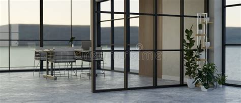 Side View A Modern Spacious Dining Room With Modern Dining Table Stock Illustration
