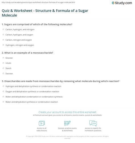 Quiz And Worksheet Structure And Formula Of A Sugar Molecule