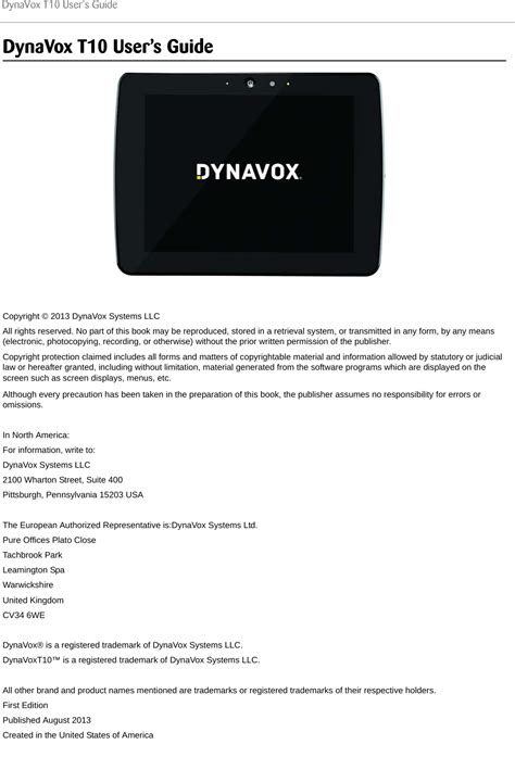 Tobii Dynavox T10 DynaVox T10 User Manual S6 DynaVoxT10 Book
