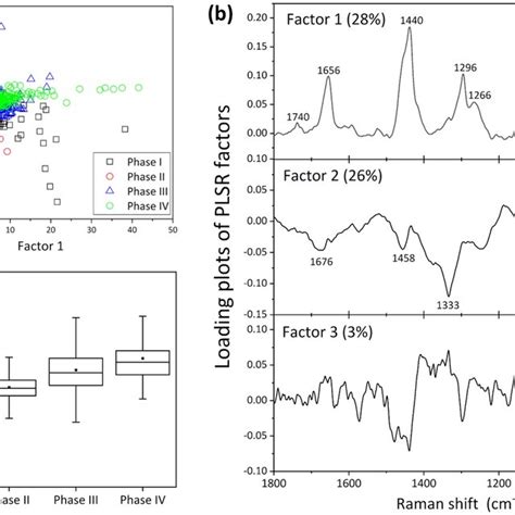 a score plots of factor 1 vs factor 2 and b loading plots of the