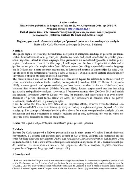 Pdf Register Genre And Referential Ambiguity Of Personal Pronouns A