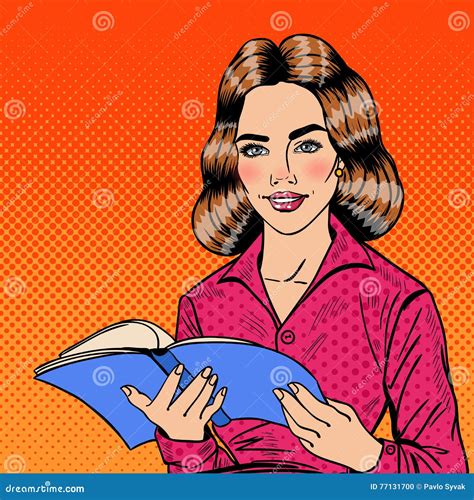 Pretty Smiling Pop Art Young Woman Reading Book Stock Vector