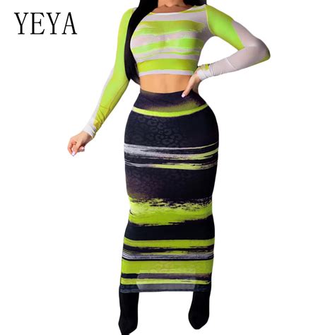 Yeya Green Mesh Club Party Two Piece Set Women Summer Sexy See Through