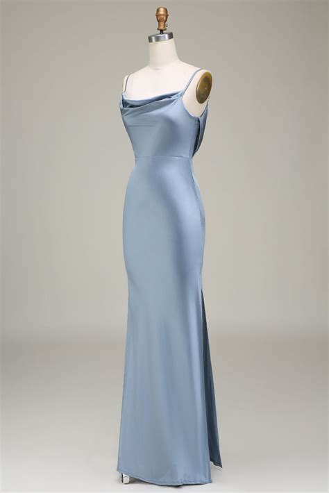 Zapakasa Women Dusty Blue Sheath Spaghetti Straps Satin Long Bridesmaid