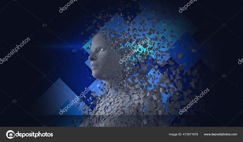 Composition Exploding Human Bust Formed Grey Particles Screens Blue Background Stock Photo By