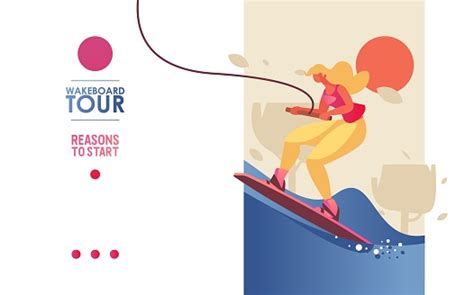 웨이크 보드 투어에 보드를 타고 젊은 여자와 개념 벡터 방문 페이지 또는 배너 템플릿 밝은 색상 나무와 호수 또는 바다의 푸른 파도 익스트림 수상 스포츠 학교에 좋은 강에