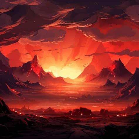 Paisaje Lava Volcán Rojo Juego Fondo Montañas Vector Premium