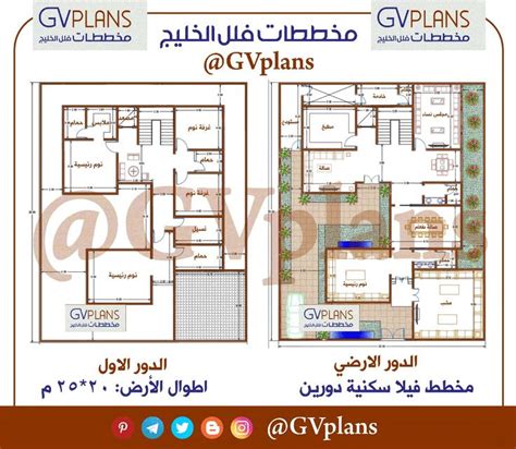 مخطط فيلا سكنية دورين اطوال الارض20م 25م المصمم غير معروف المصدر