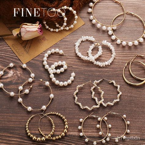 Jual Simple Plain Gold Color Metal Pearl Hoop Earrings Fashion Big