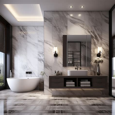 A Bathroom With A Tub And A Bathtub With A Large Window Premium Ai