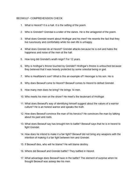 Beowulf Comprehension Check Pdf