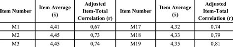 item statistics adjusted item total correlation values and reliability