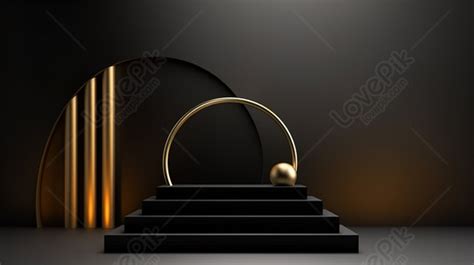 3d Black And Gold Podium Product Display Stand With Circle Frame On