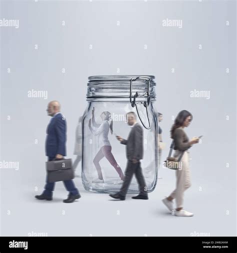 People Walking And Ignoring A Desperate Woman Trapped Inside A Jar She