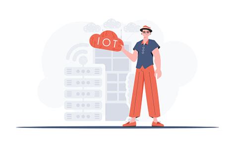 그 남자는 손에 인터넷 사물 아이콘을 들고 있습니다 Iot 개념 웹 사이트 및 프리젠 테이션에 좋습니다 트렌디 한 평면 스타일
