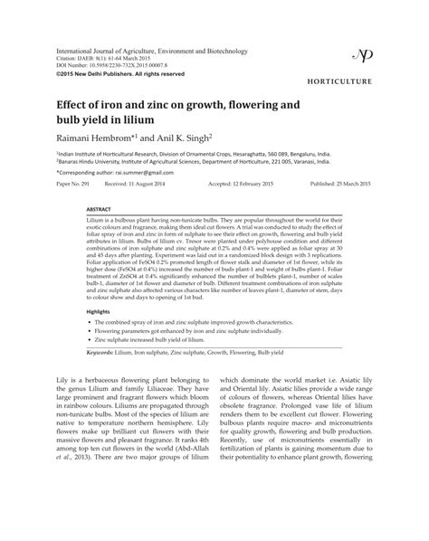 Pdf Effect Of Iron And Zinc On Growth Flowering And Bulb Yield In Lilium