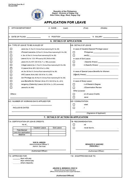 Cs Form No 6 Revised 2020 Application For Leave Fillable 1 Pdf Surgery Physician