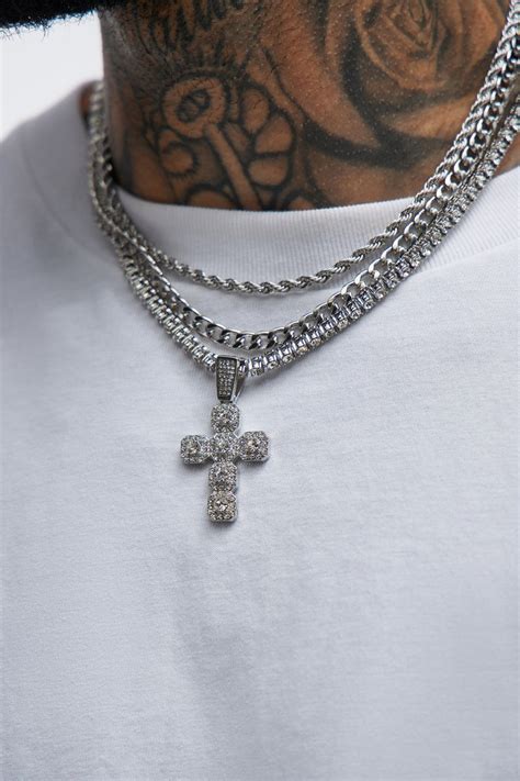 Cluster Cross 3 Piece Chain Necklace Set Silver Fashion Nova Mens