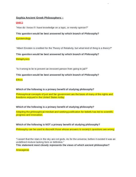 Sophia Ancient Greek Philosophers Unit 1 To 4100 Correct