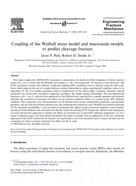 Pdf Coupling Of The Weibull Stress Model And Macroscale Models To