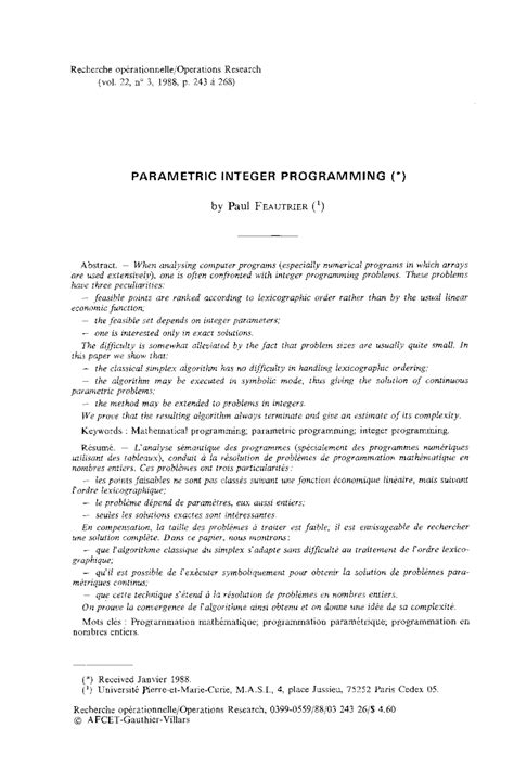 parametric integer programming rairo operations research