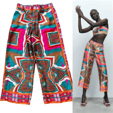 Zara Printed Culottes Multicolor Satin Crop Palazzo Pants Size Small