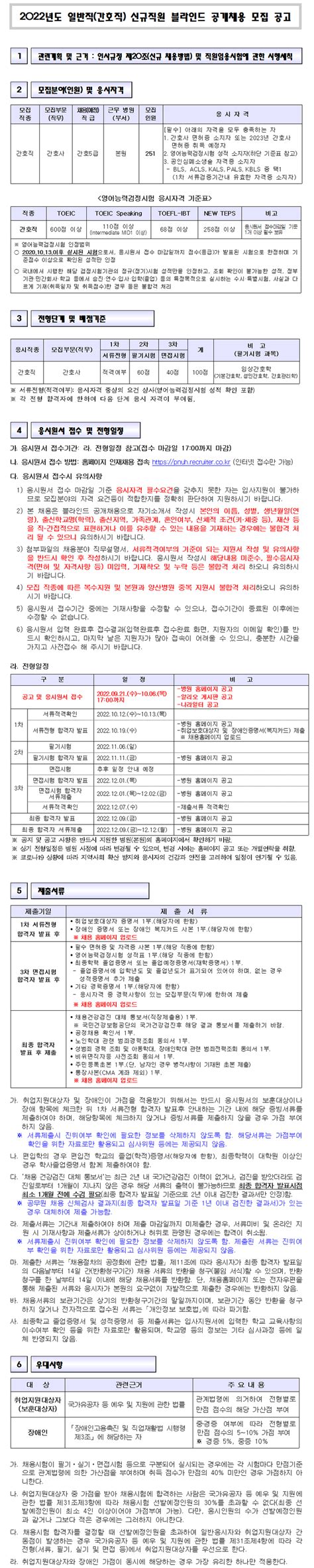 부산대학교병원 채용공고 2022년도 일반직간호직 신규직원 블라인드 공개채용 모집 공고 2022년 채용