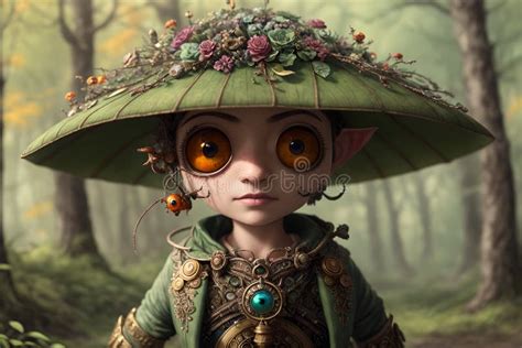 Tiny Fantasy Antropomorphic Forest Creature With Big Cute Eyes In
