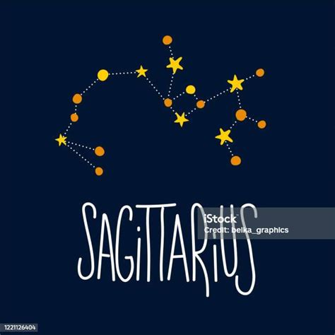 조디악 징후 궁수 자리 기호입니다 진한 파란색 배경에 별자리입니다 점성술 현대적인 스타일의 낙서와 자유형 드로잉 스칸디나비아 스타일의 클립 아트 벡터 그림입니다 궁수자리에