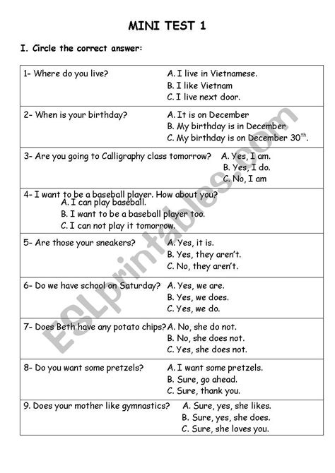 Mini Test 1 ESL Worksheet By HanNhaVy