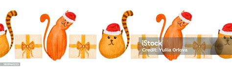 수채화 완벽 한 테두리 와 와 생강 고양이 와 크리스마스 모자 와 선물 상자 통하고 있는 백색 배경에 12월에 대한 스톡 벡터