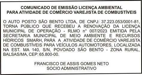 Comunicado De EmissÃo LicenÇa Ambiental Para Atividade De ComÉrcio