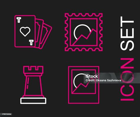 세트 라인 사진 프레임 체스 기호 그림 풍경 및 하트 아이콘과 카드 놀이 벡터 기사 사람의 역할에 대한 스톡 벡터 아트 및 기타 이미지 기사 사람의 역할 놀기 다중