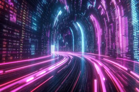 Neon Colored Stock Market Data Streams Flow Dynamically Through A Digital Tunnel Creating An