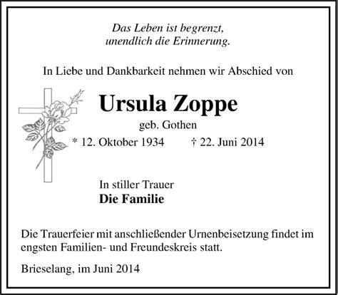Traueranzeigen Von Ursula Zoppe Trauer In Nrwde
