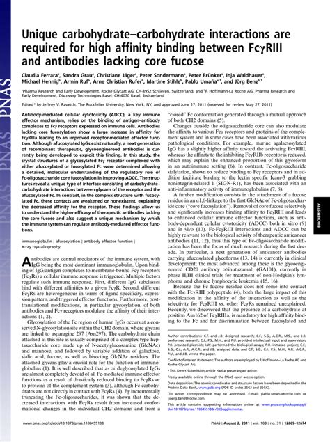 Pdf Unique Carbohydrate Carbohydrate Interactions Are Required For High Affinity Binding