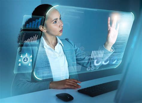 business woman office and press on hologram ui night and thinking