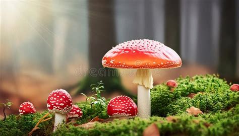 Red Headed Hallucinogenic Toxic Mushroom In Spring Forest Close Up Stock Illustration