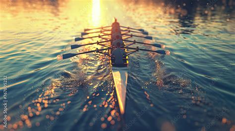 Rowing Coxless Four A Rowing Team Of Four Rowers In A Coxless Boat Rowing In Sync And