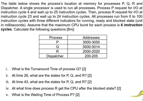 Solved The Table Below Shows The Process S Location At Chegg