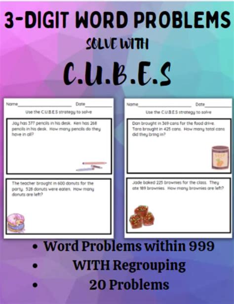 3 Digit Word Problems Using CUBES Strategy Within 999 WITH Regrouping