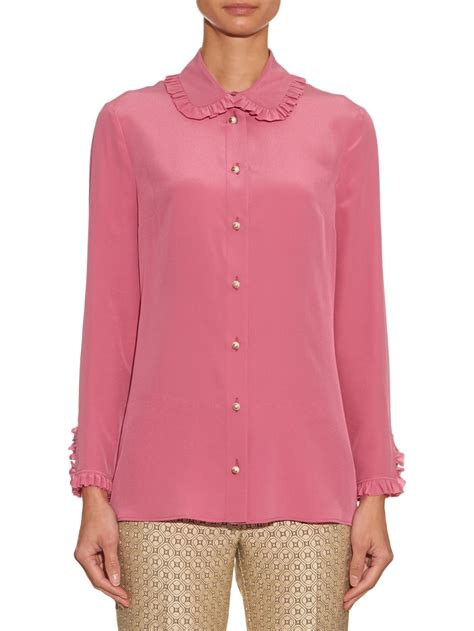 Gucci Ruffle Trimmed Silk Crepe Blouse In Pink Lyst